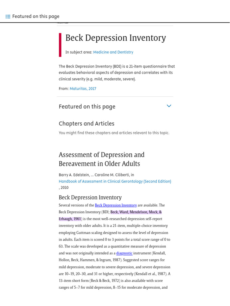 Beck Depression Inventory - An Overview - ScienceDirect Topics | PDF