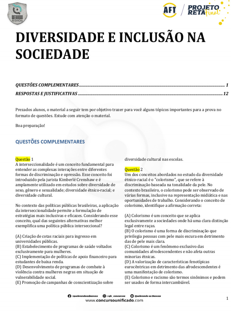 Questões Complementares - Diversidade e Inclusão Na Sociedade | PDF