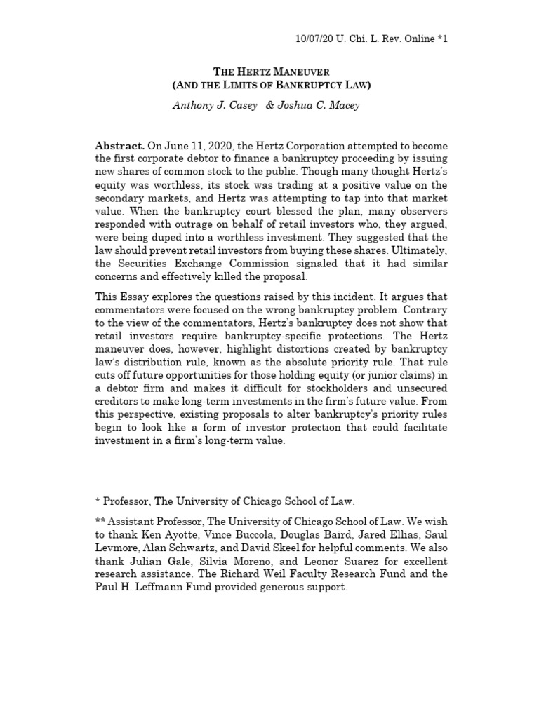 Hertz Maneuver (And The Limits of Bankruptcy Law) - 2020 | PDF