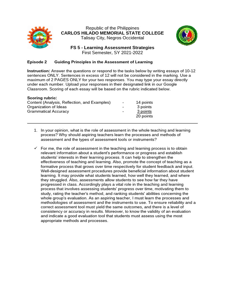 Episode 2- Guiding Principles in the Assessment of Learning | PDF