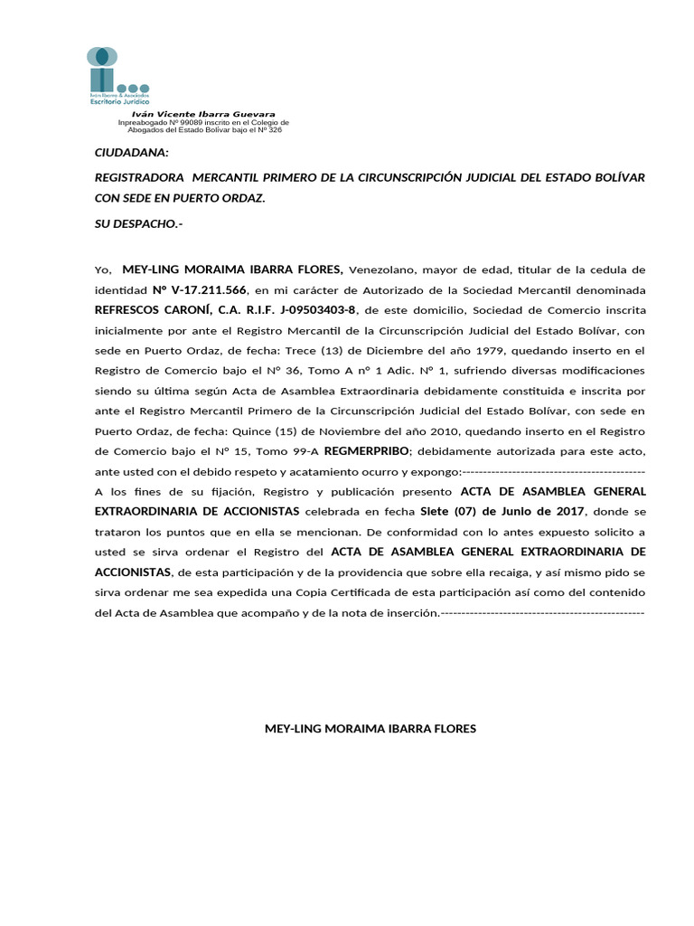 Acta de Asamblea Refrescos Caroni - 2c Aprobacion Balances 2015-2016 | PDF