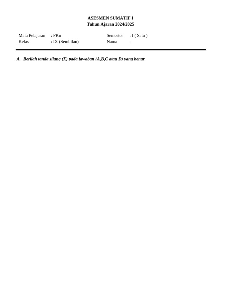 Asesmen Sumatif I PKN Kls 8 | PDF
