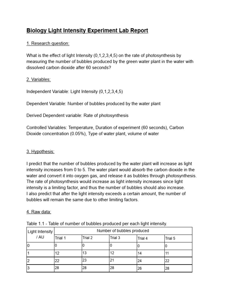 Biology Light Intensity Photosynthesis Lab Report - Yoonha Park | PDF ...