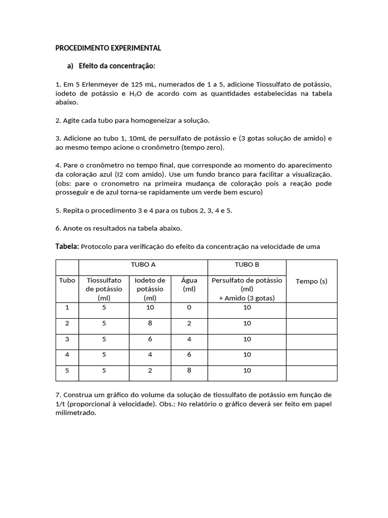 PROCEDIMENTO EXPERIMENTAL Cinetica Parte 1 | PDF