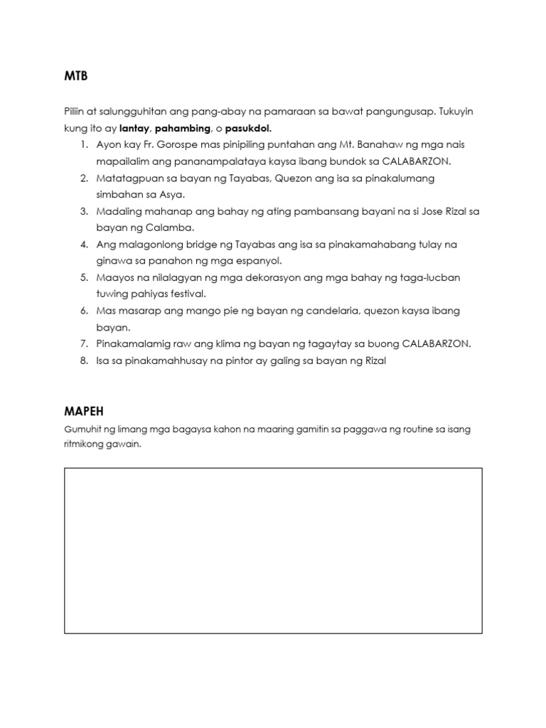 MTB Mapeh Worksheet | PDF
