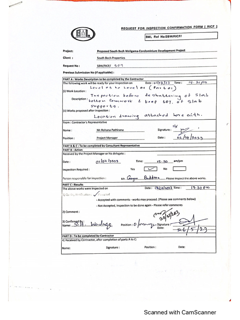 SBW-RICF-509 Inspection Before Deshuttering of Slab Bottom Formwork & Keeping 50% of Slab ...