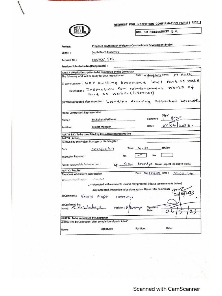 SBW-RICF-519-2 Inspection For Reinforcement Work of Part 02 Walls - MEP ...