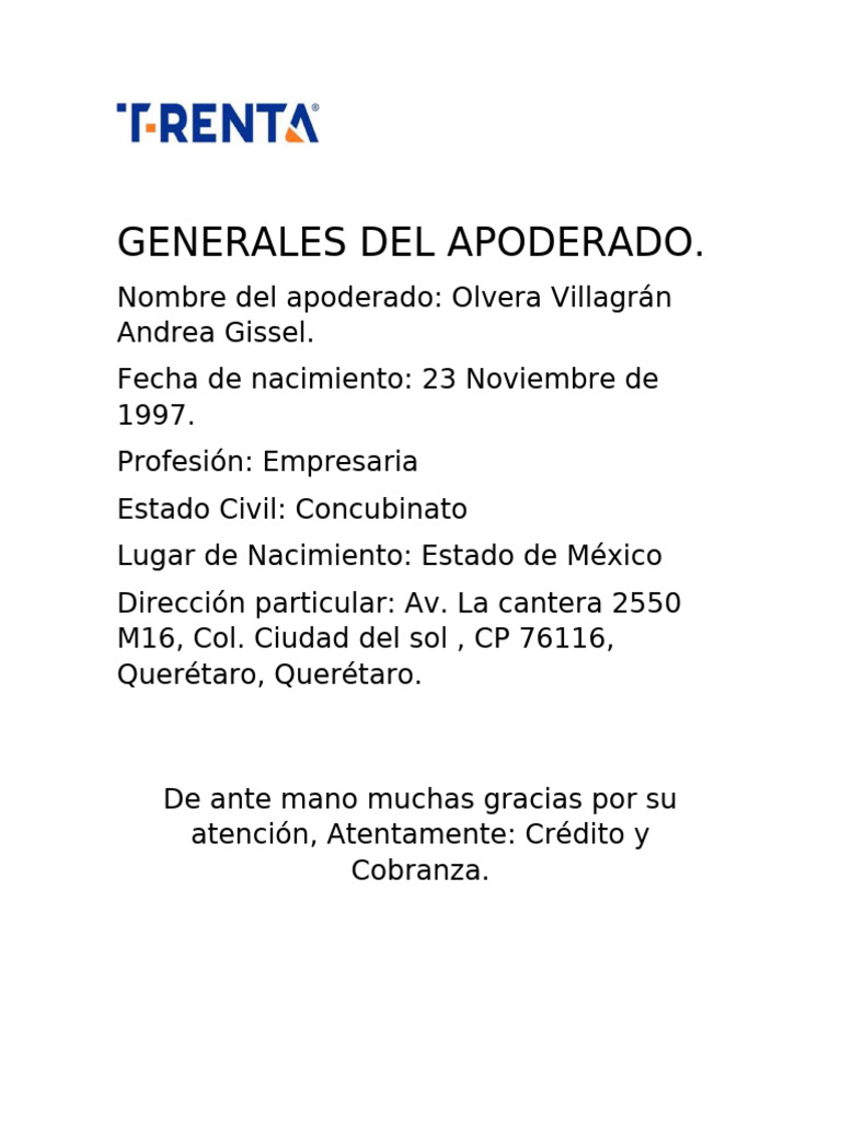 TRENTA - Generales Del Apoderado COMPLETO | PDF