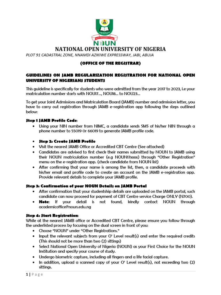 Guideline On Jamb Regularization Registration of National Open University of Nigeria Students | PDF