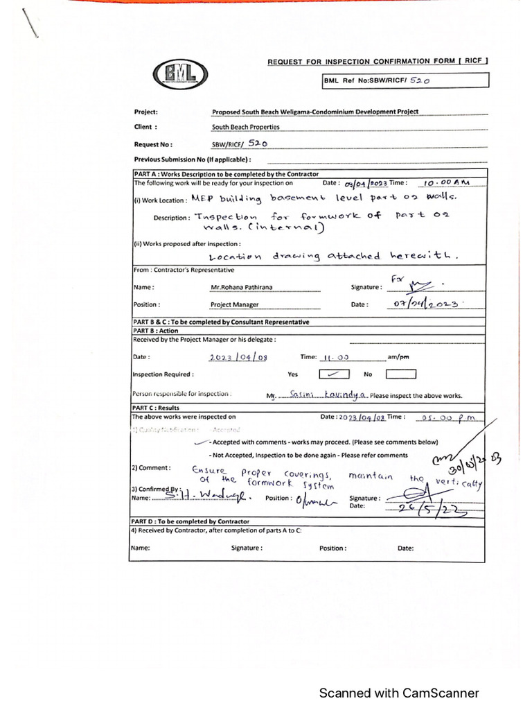 SBW-RICF-520-2 Inspection For Formwork of Part 02 Walls - MEP Building ...