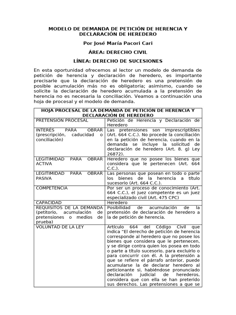 Modelo de Demanda de Petición de Herencia y Declaración de Heredero 22 | PDF