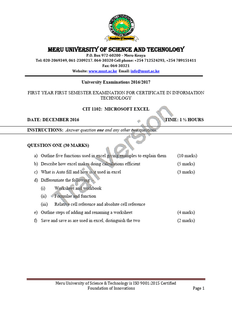 Microsoft Excel Exam Guide for IT Students | PDF | Microsoft Excel ...
