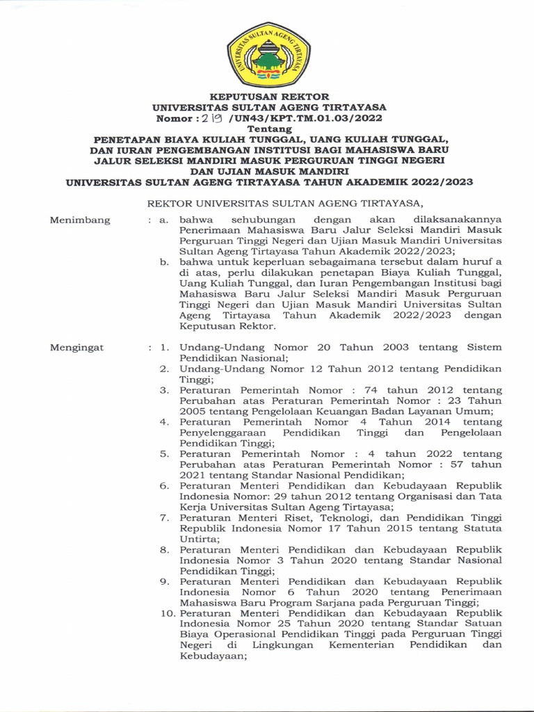 SK Penetapan Besaran BKT Ukt Dan Ipin BG MHW Baru Jalur SMMPTN Dan Umm Untirta T.A. 2022 2023 | PDF