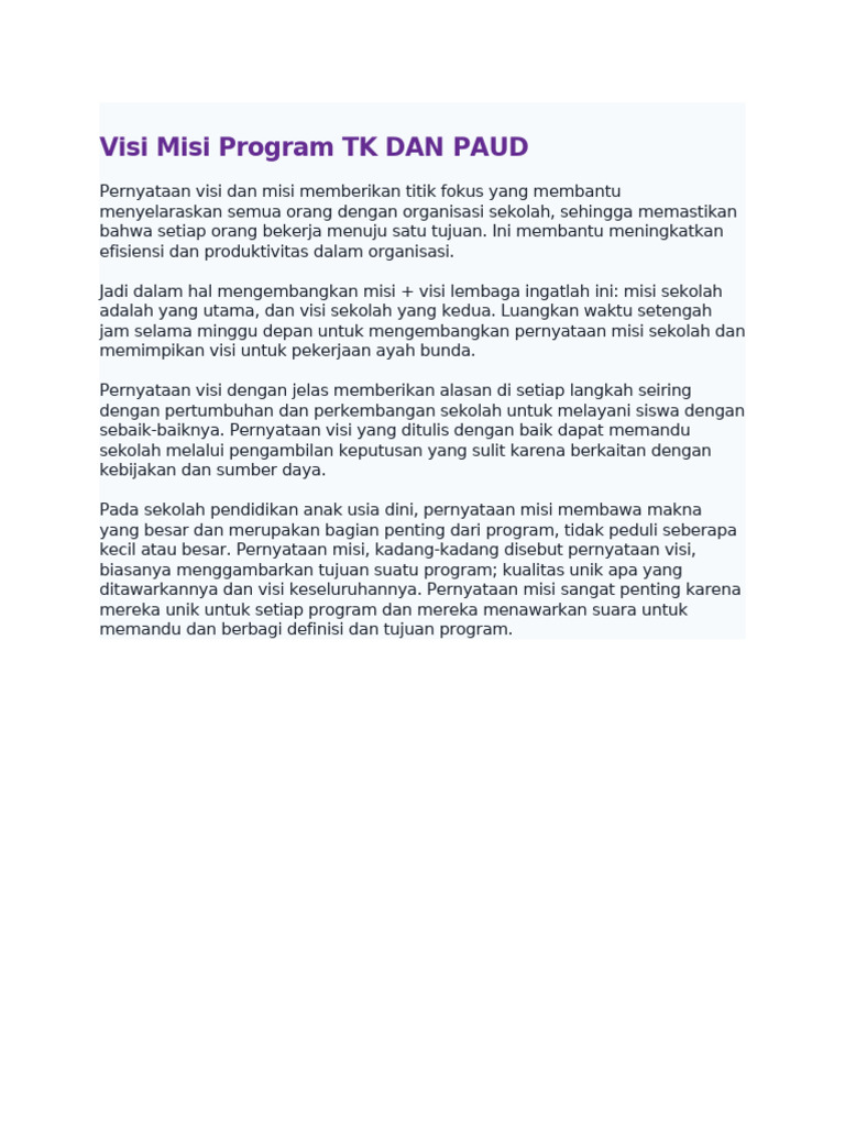 Visi Misi Program TK DAN PAUD | PDF