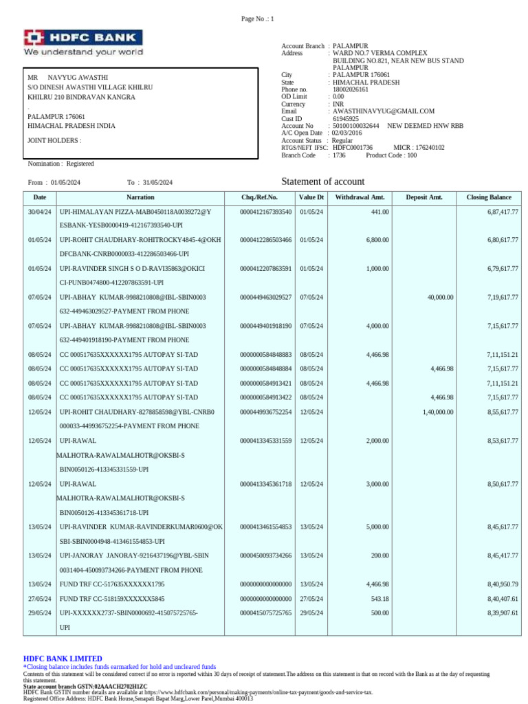Statement of Account: Date Narration Chq./Ref - No. Value DT Withdrawal ...