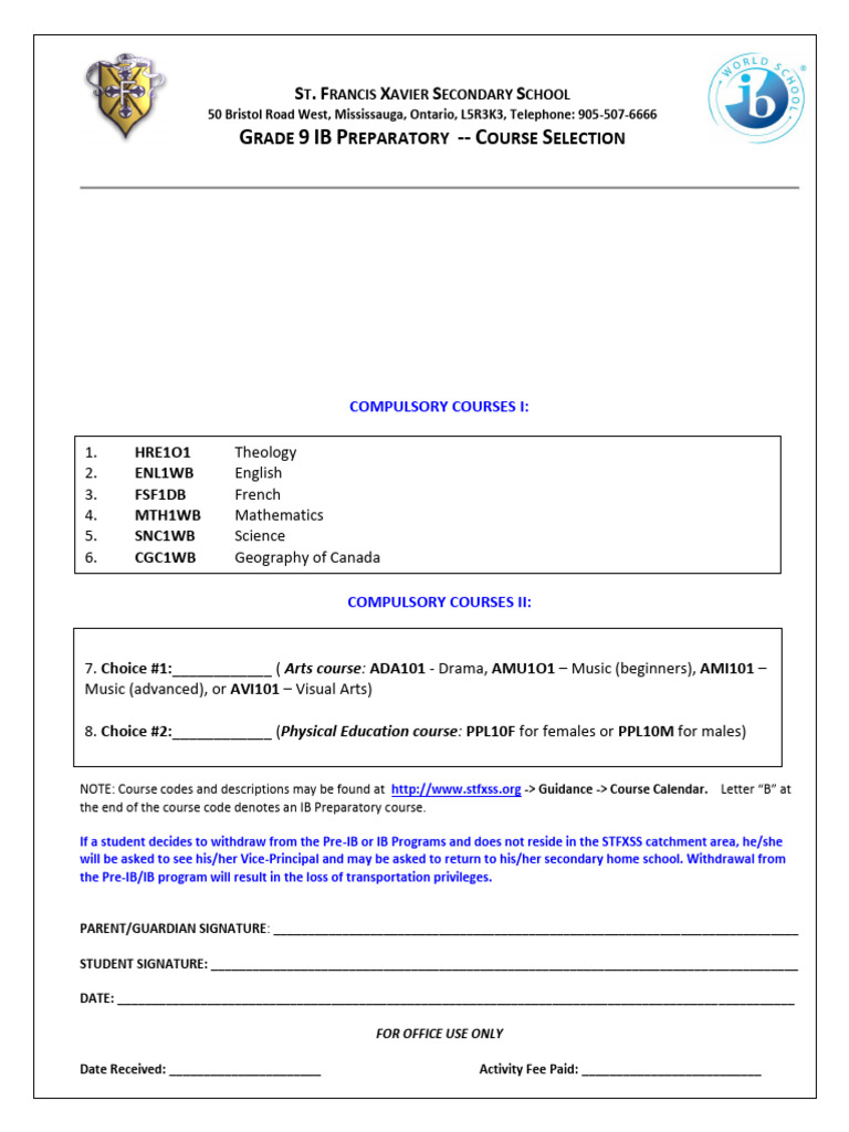 STFXSS - Grade 9 Pre-IB Course Selection - Fillable | PDF | Science ...