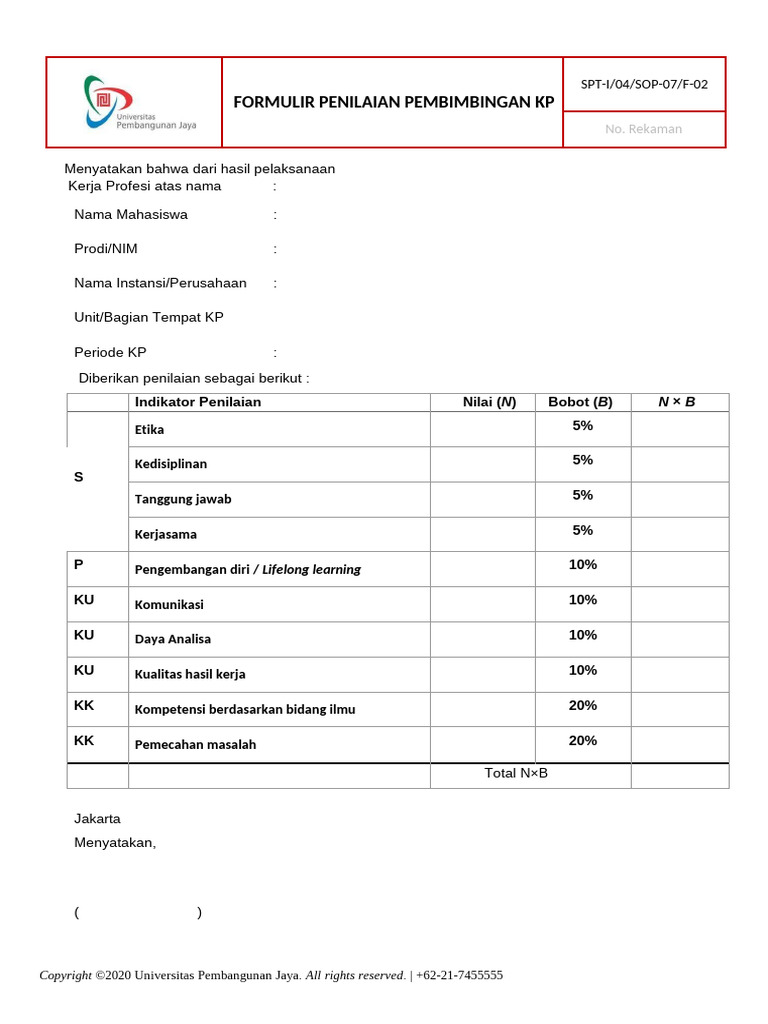 Form KP-07 Penilaian Pembimbing Lapangan - NIM Nama | PDF