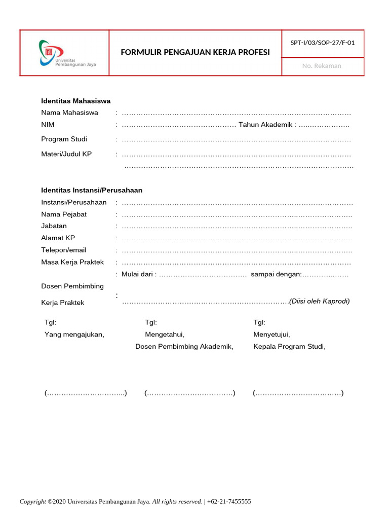Form KP-01 Pengajuan Kerja Profesi - NIM Nama | PDF
