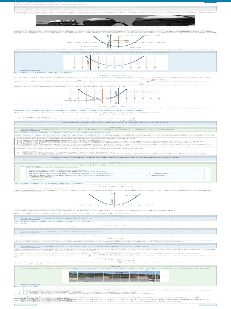 Graphs Of Quadratic Functions College Algebra Pdf