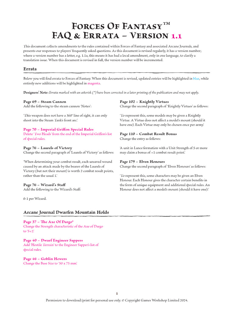 Forces of Fantasy FAQ & Errata - Version | PDF