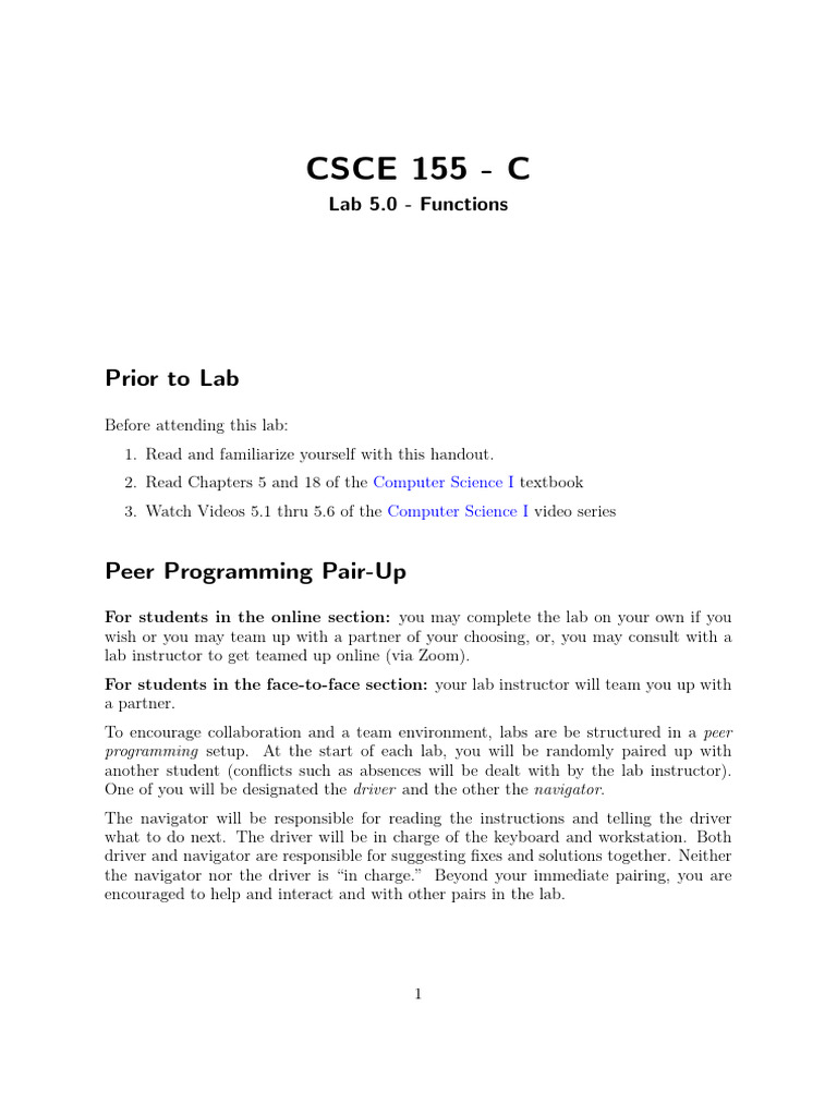 Lab 5 - Functions - CSCE 155E | PDF
