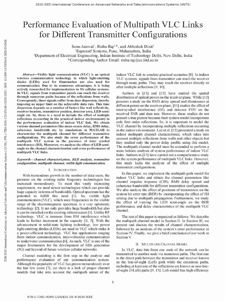 Performance Evaluation of Multipath VLC Links For Different Transmitter Configurations | PDF