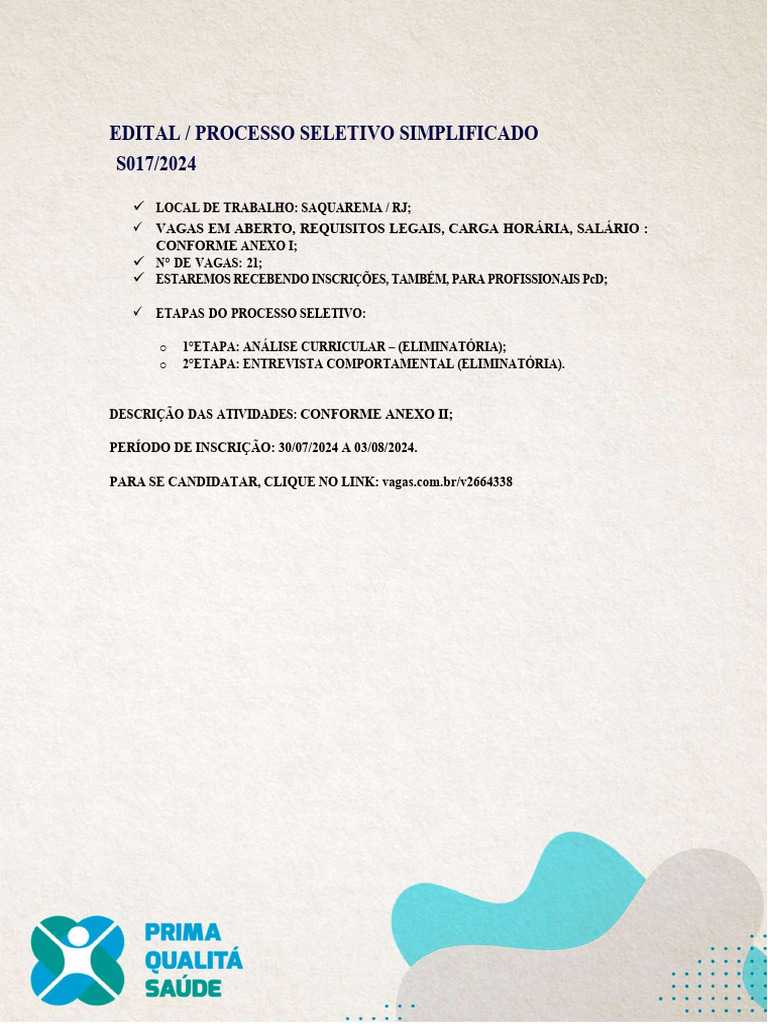 Edital Processo Seletivo Simplificado s017 2024 | PDF