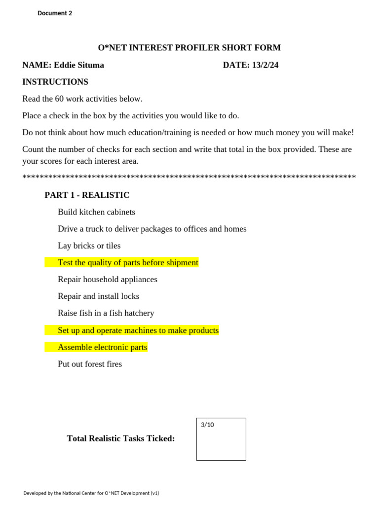 O*NET Interest Profiler Results Summary | PDF | Games & Activities | Art