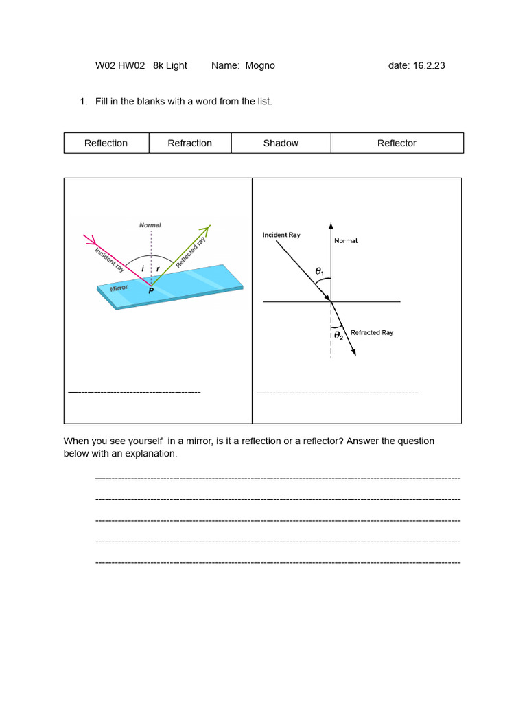 W01 Refraction Worksheet | PDF