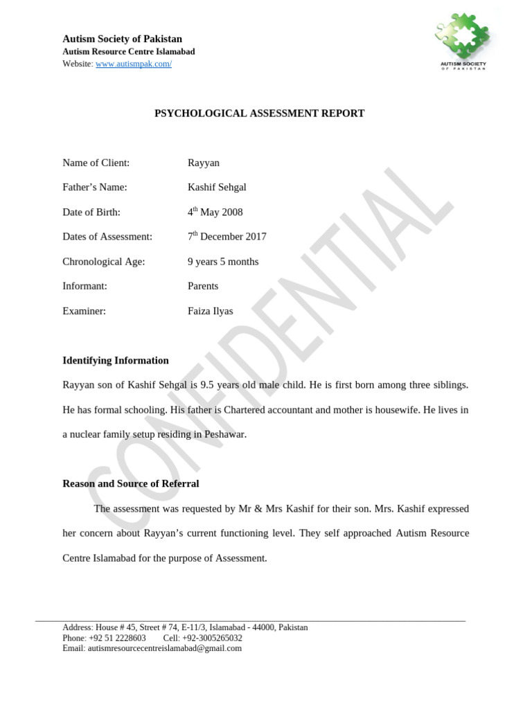 Rayyan Psychological Report | PDF