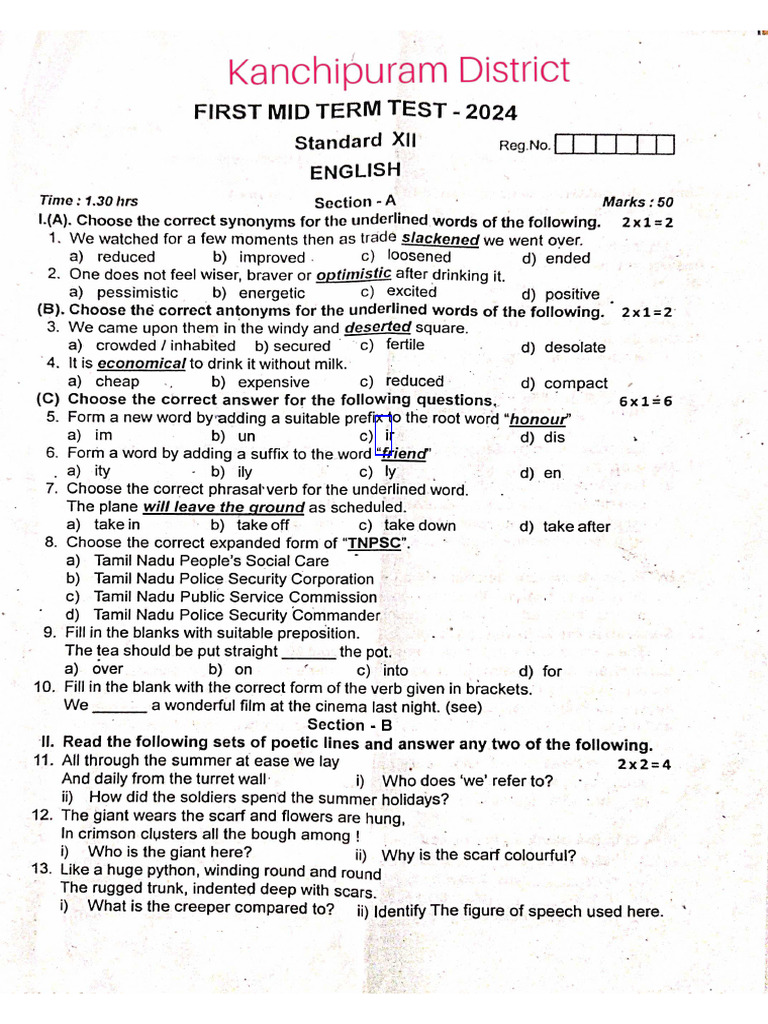 12th English 1st Mid Term Test 2024 Original Question Paper Kanchipuram ...