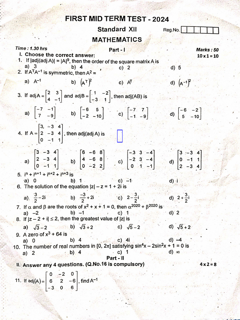 12th Maths 1st Mid Term Test 2024 Original Question Paper With Answer ...