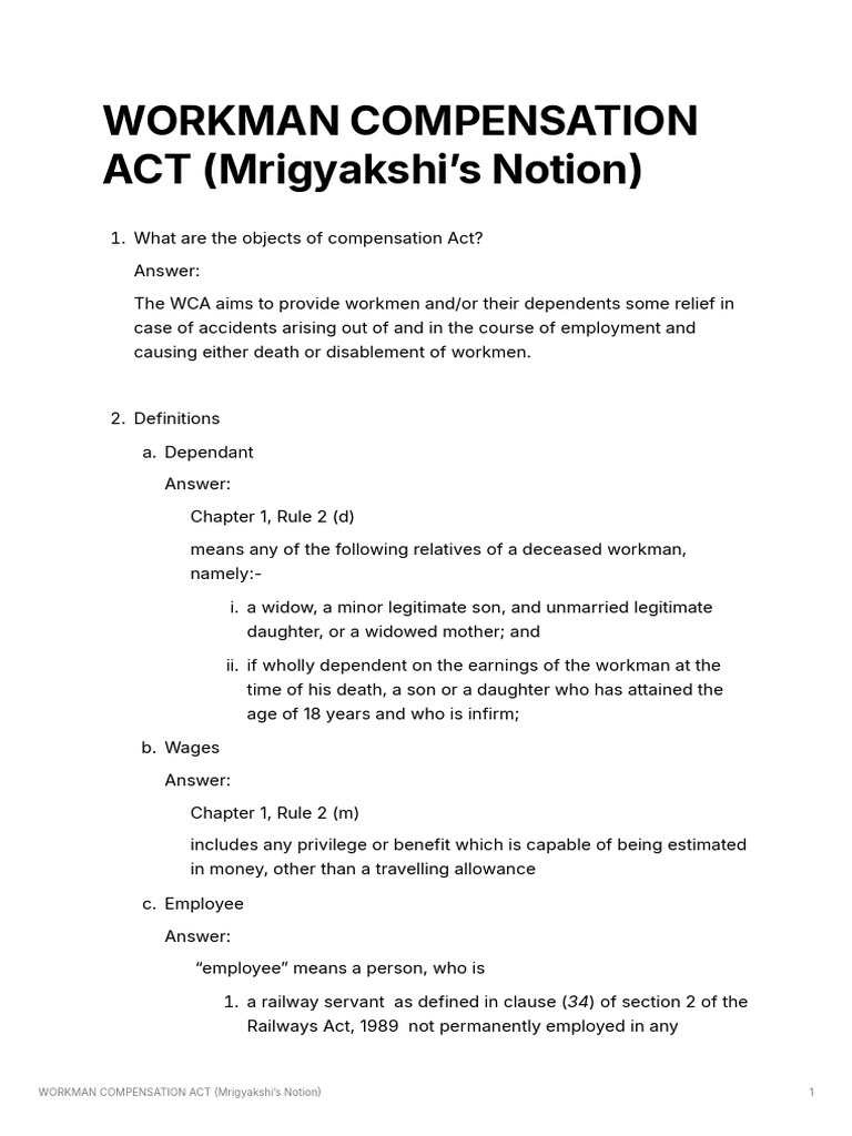 Workman Compensation Act (Mrigyakshi's Notion) | PDF
