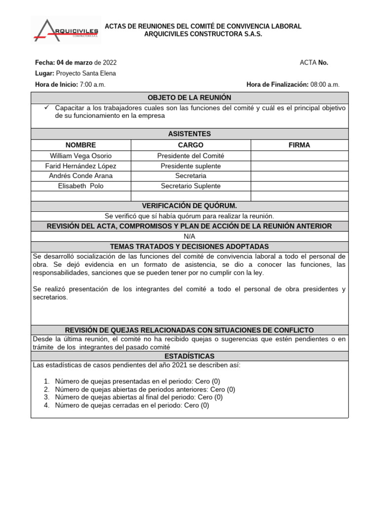 Acta # Mes de Marzo de 2022 Comité Conv Laboral Arq | PDF
