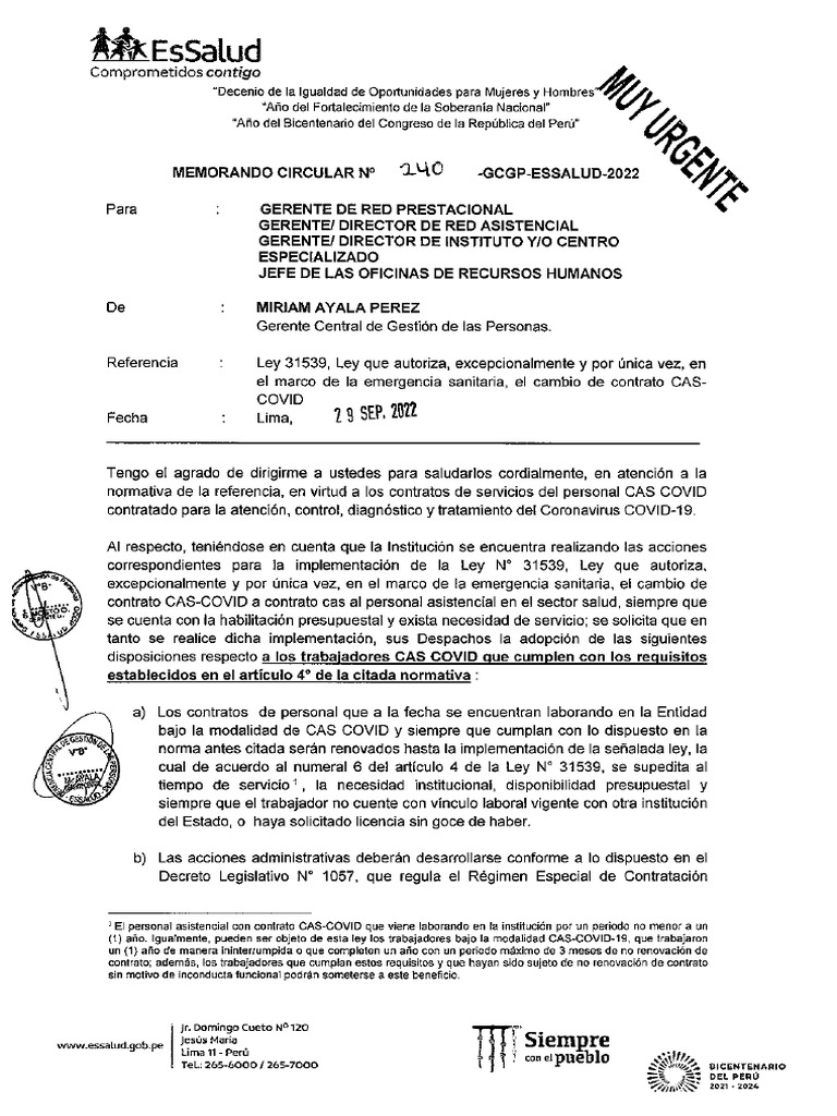 Memorando Circular #240-Gcgp-Essalud-2022 | PDF