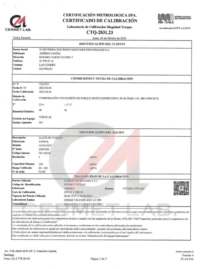 Cert Llave de Torque 30-150lb SN 22051691 - Toptul | PDF