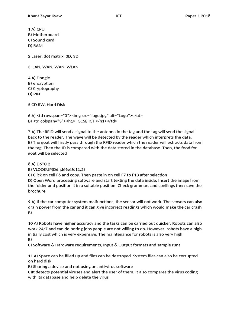 2018 MAY JUNE Paper 1 - Khant Zayar Kyaw | PDF | Computer Virus | Computers