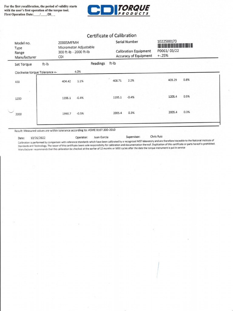 Cert Llave Torque 300LB-2000LB - 1022500173 | PDF
