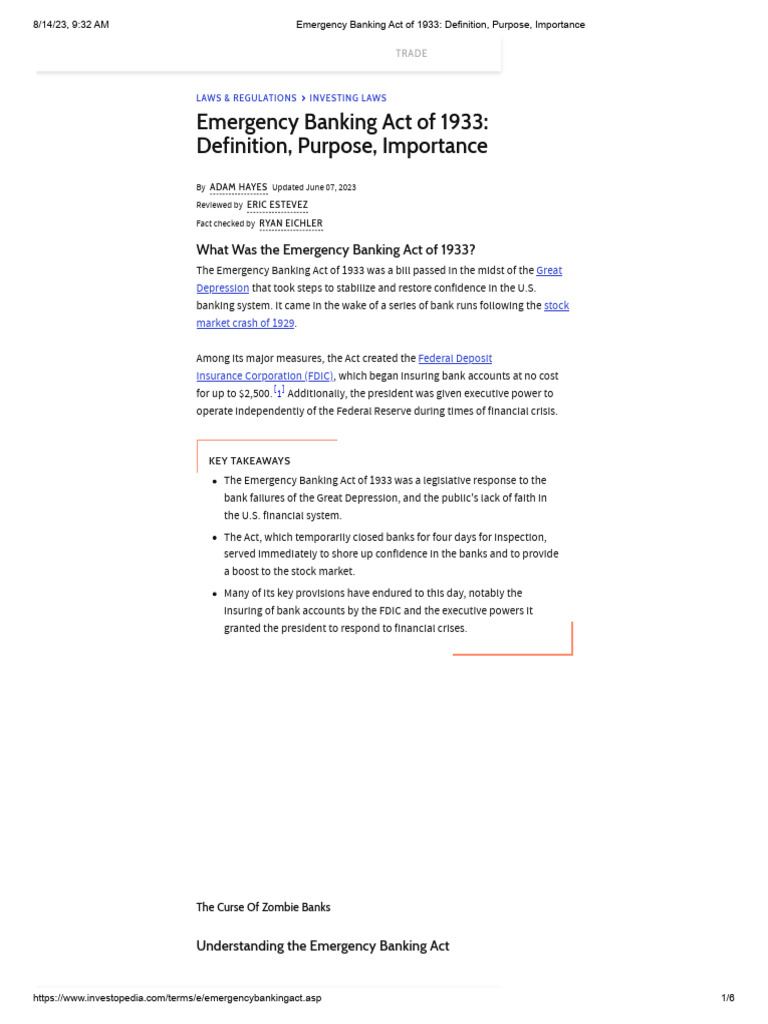 Emergency Banking Act of 1933 - Definition, Purpose, Importance | PDF