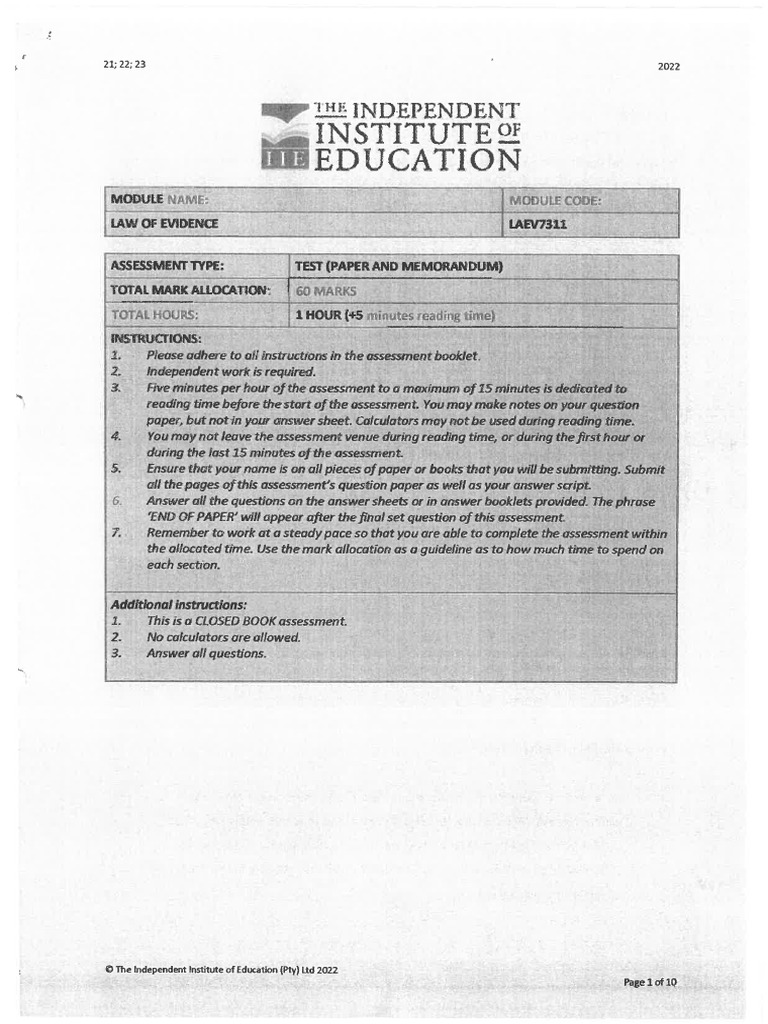 Test (Replacement Test) - Paper Only - 2022 | PDF