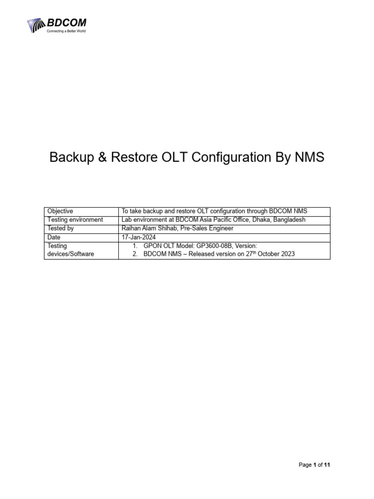 Backup and Restore OLT Configuration Through NMS | PDF