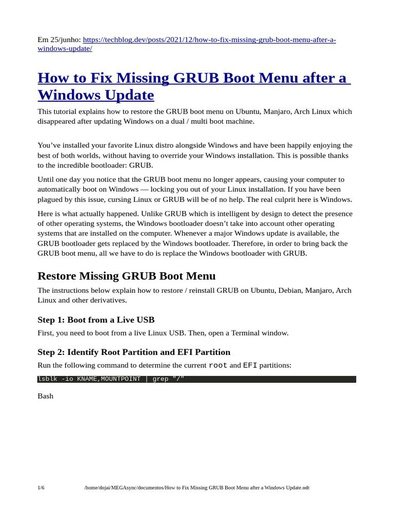 How To Fix Missing GRUB Boot Menu After A Windows Update | PDF