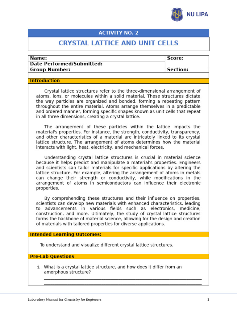 Dry Laboratory Activity 2 - Crystal Lattice and | PDF | Crystal ...