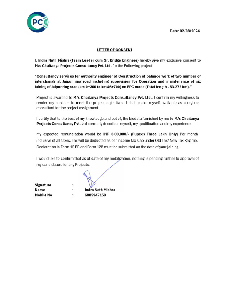 Consent Letter of Mr. Indra Nath Mishra | PDF