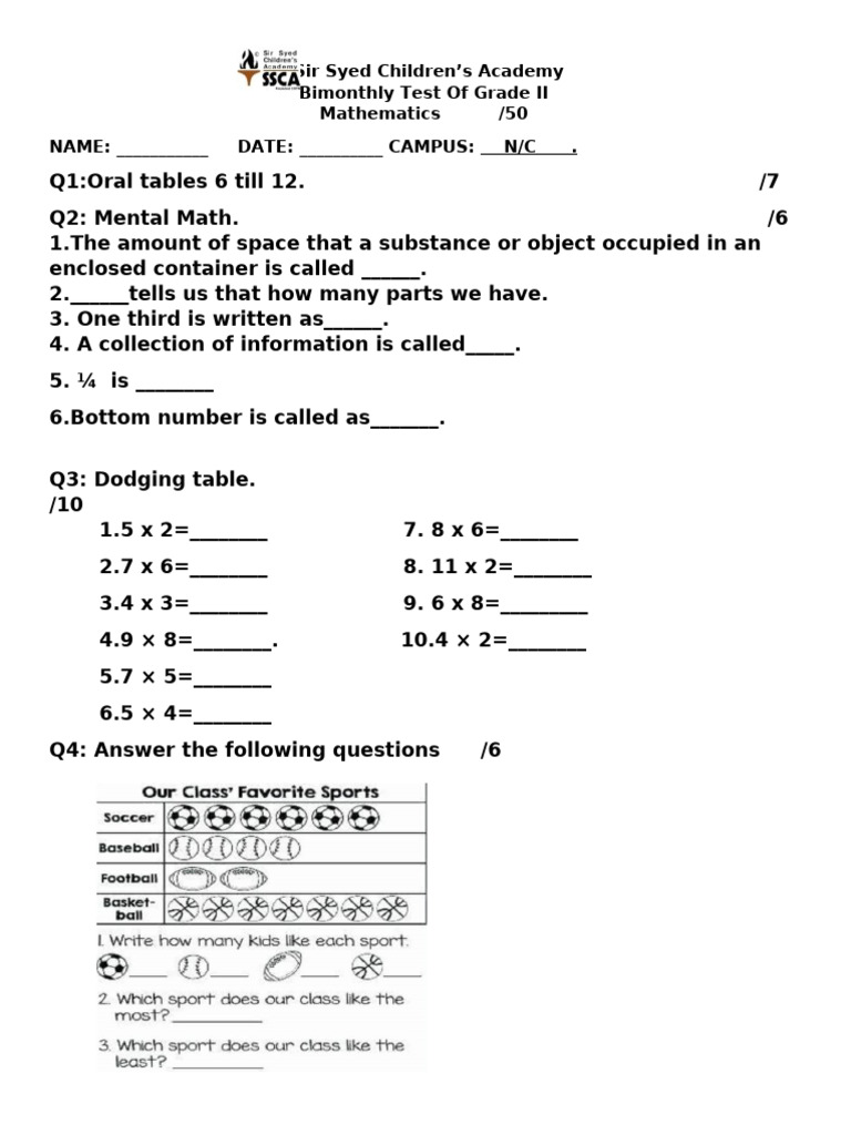 Grade 2 Maths Test Paper | PDF | Computers