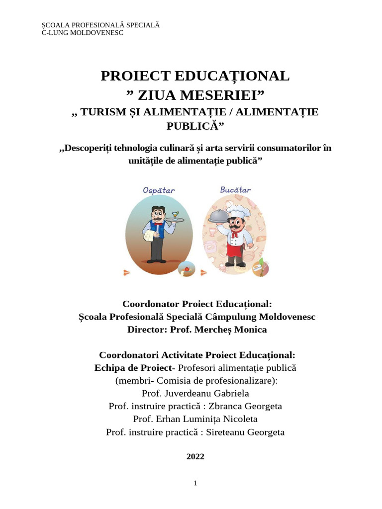 Proiect Educational Ziua Meserieialimentatie Publica 2022 | PDF