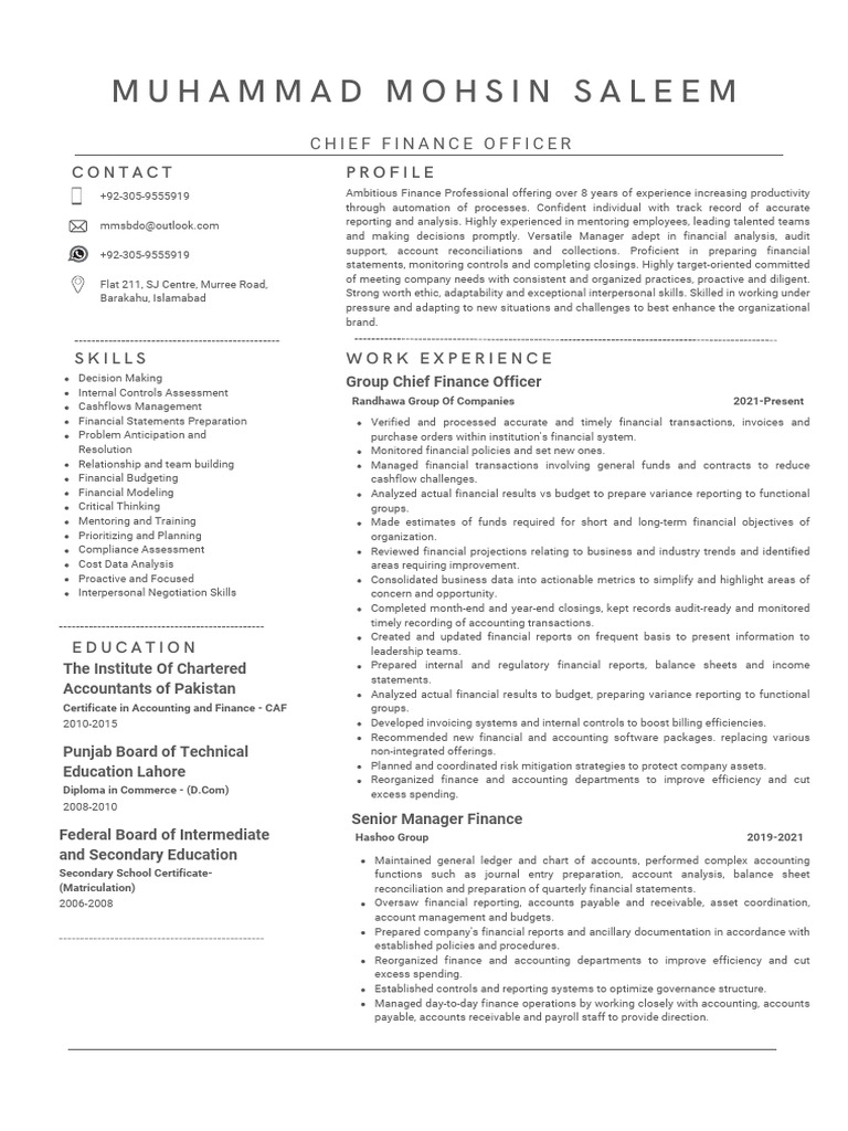 Muhammad Mohsin Saleem - CV | PDF | Internal Control | Finance & Money Management