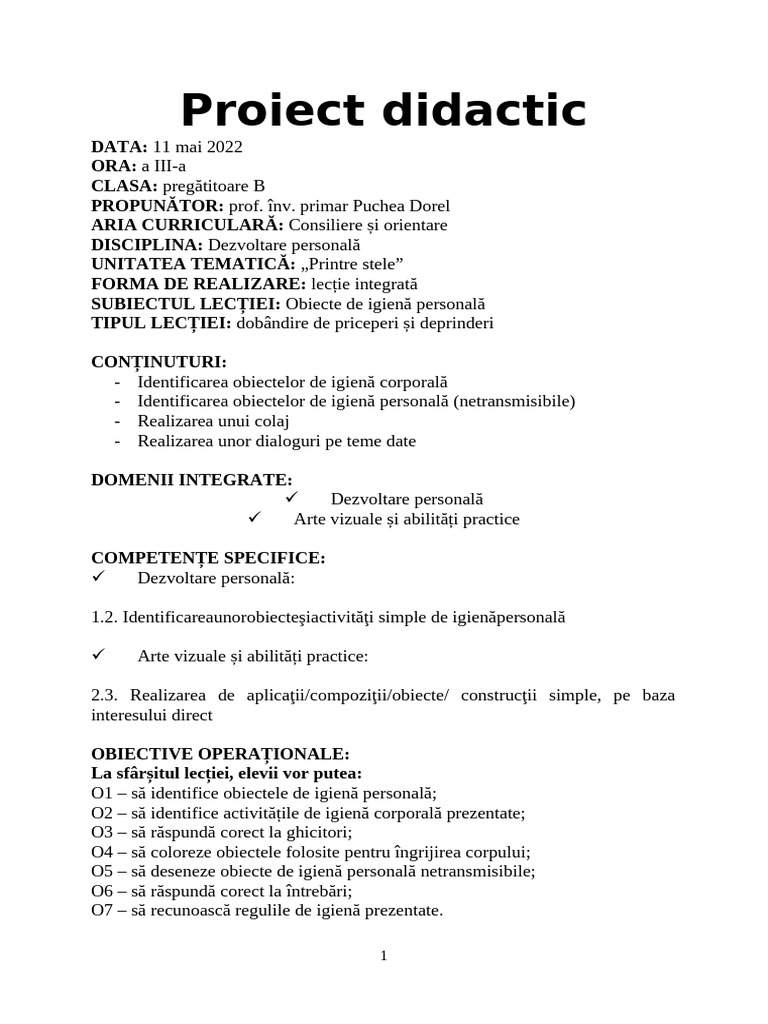 Proiect Didactic DP Obiecte de Igiena Personala | PDF