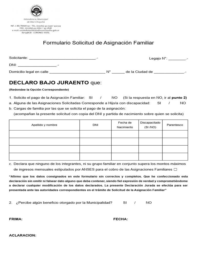 Formulario Solicitud de Asignación Familiar para imprimir | PDF