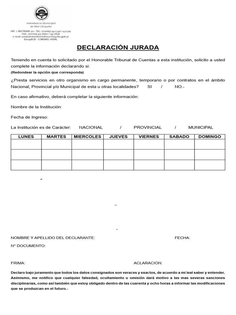 Declaracion Jurada para Imprimir | PDF